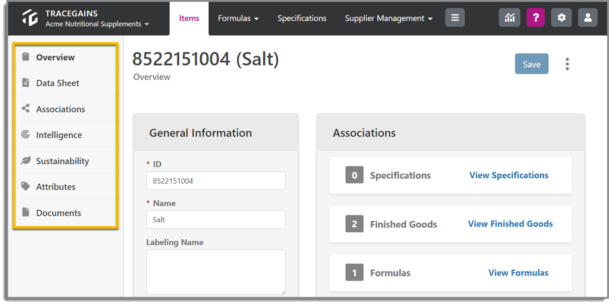 Items Tab Sections – Enterprise Help Center